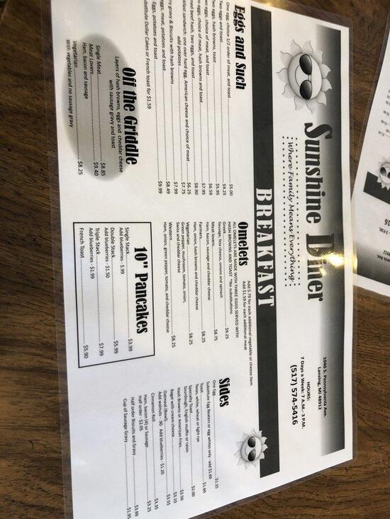 Menu at Sunshine Diner restaurant, Lansing