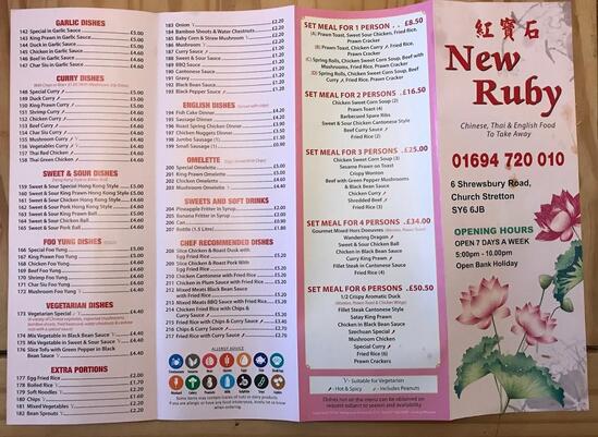 Menu at New Ruby, Church Stretton
