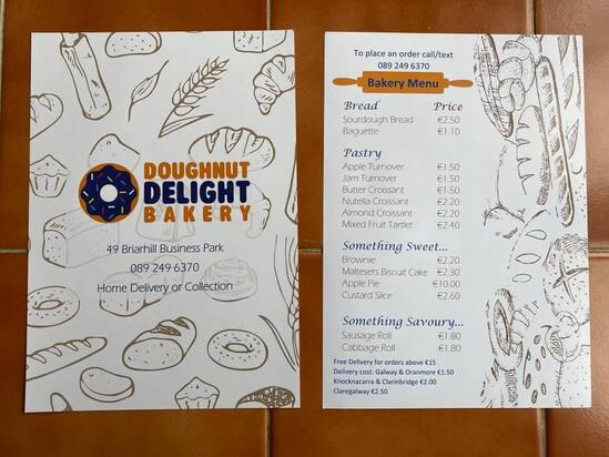 Menu at Doughnut Delight cafe, Galway