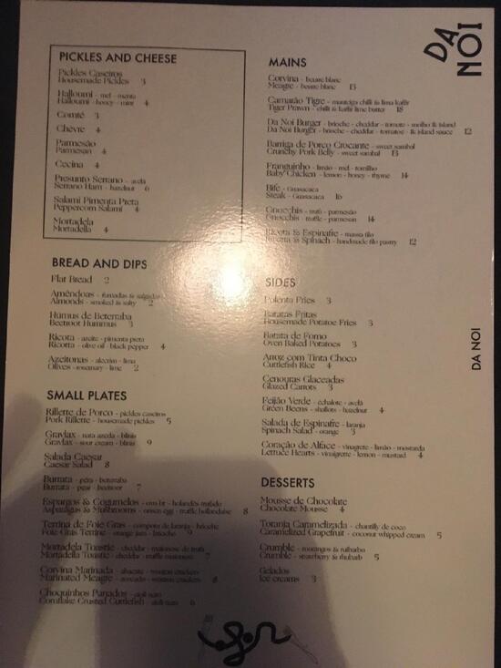 Menu at Da Noi restaurant, Lisbon