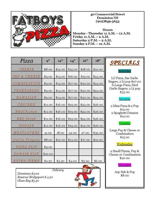 Menu at Fat Boys restaurant, Glace Bay