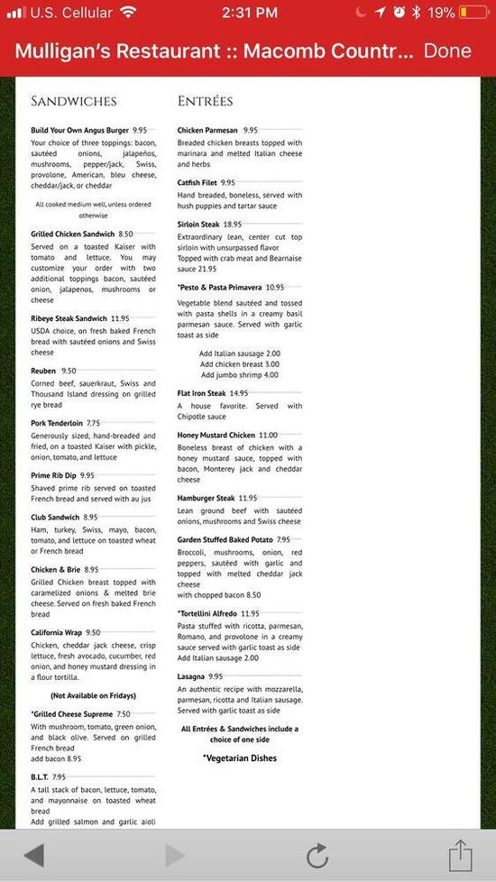 Menu at Macomb Country Club, Macomb