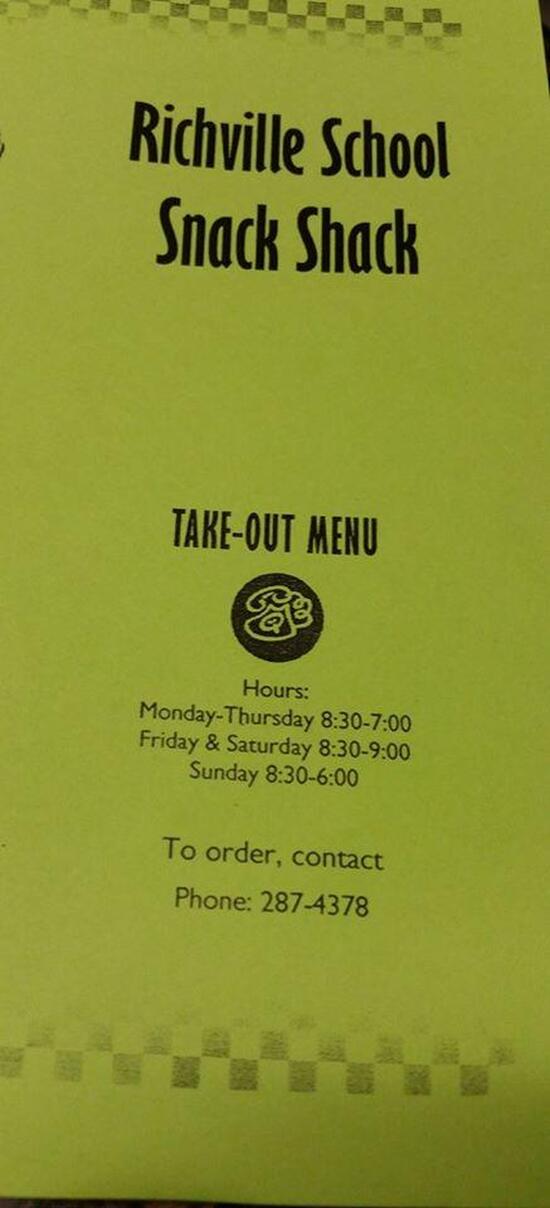 Menu at Richville School Snack Shack pizzeria, Richville