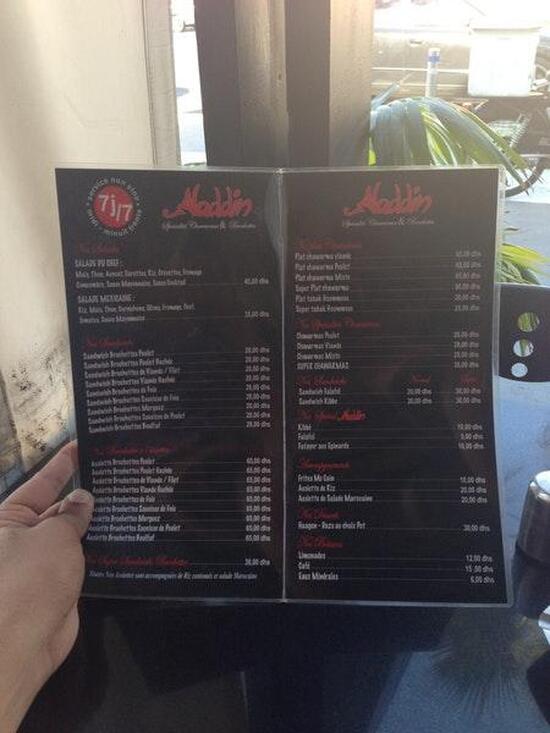 Menu at Aladdin restaurant, Casablanca