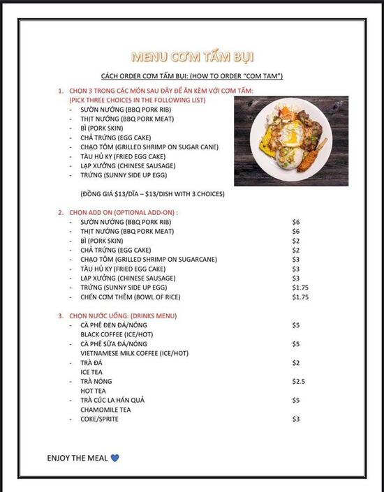 Menu at Com tam bui restaurant, Garden Grove