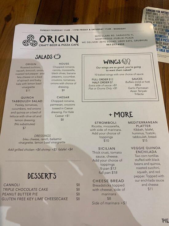 Menu at Origin Craft pizzeria, Sarasota