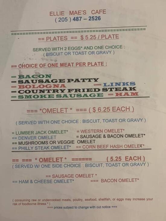 Menu at Ellie Mae's Cafe, Winfield