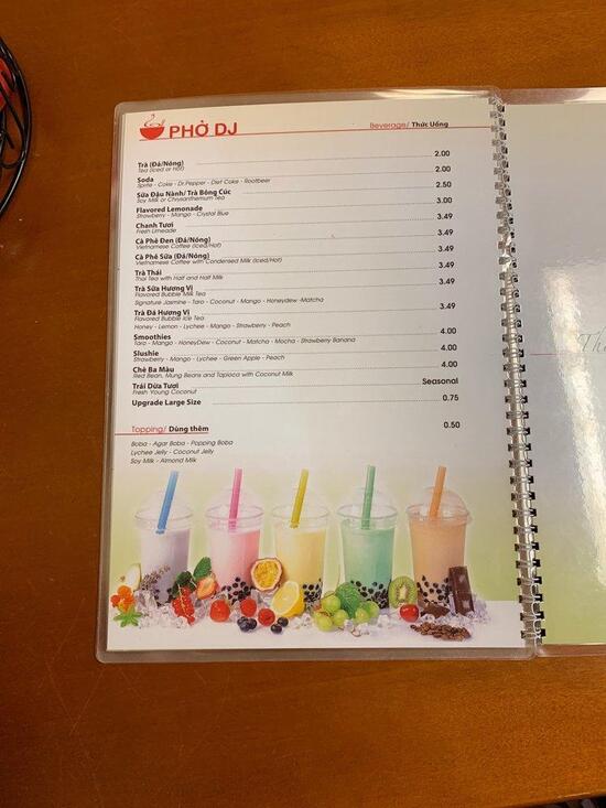 Menu at Pho DJ restaurant, Riverside