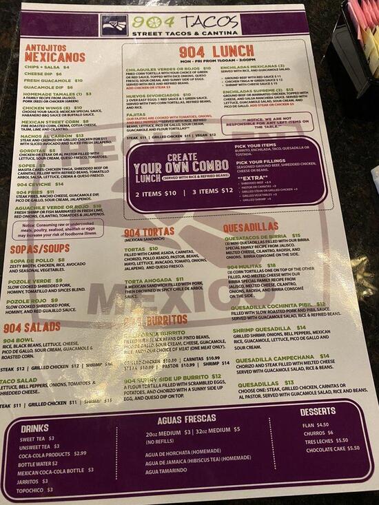 Menu at 904 Tacos Five Points Jacksonville pub & bar, Jacksonville