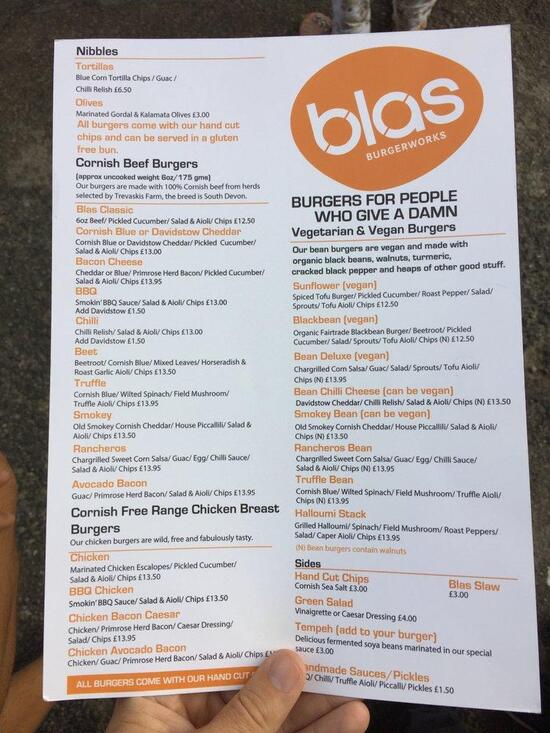 Menu at Blas Burgerworks restaurant, Saint Ives, 19 Warren