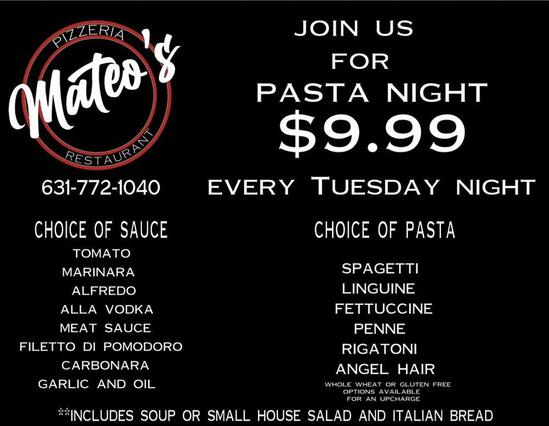 Menu at Mateo's Pizzeria Restaurant, Mastic