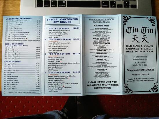 Menu at Tin Tin Cantonese Takeaway restaurant, Barlestone