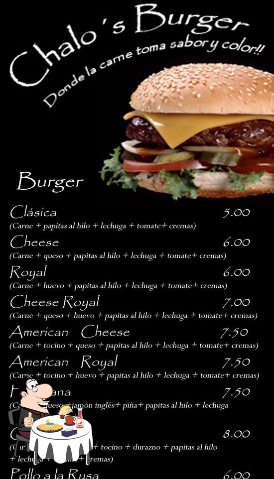 Menu at Chalo's Burger restaurant, Tarapoto, Delivery