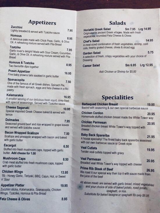 Menu au White Tower Restaurant, Campbell River, Island Hwy