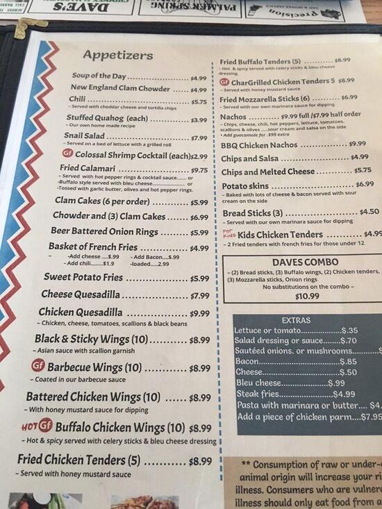 Menu at Dave's Bar & Grill, Warwick