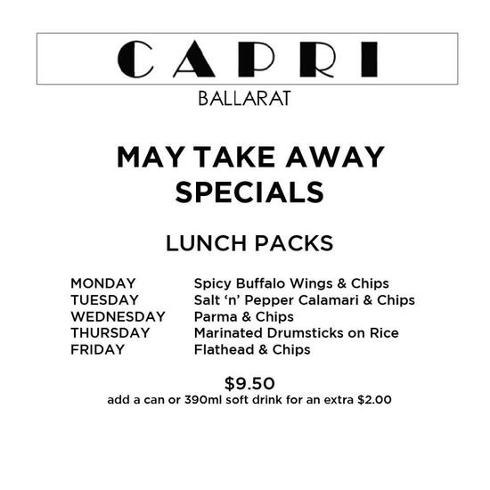 Menu at Capri Cafe, Ballarat Central