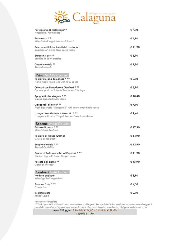 Menu at Villaggio Ca' Laguna, Grado