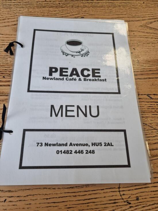 Menu at Peace Cafe, Hull