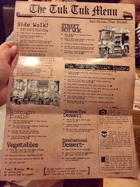 Menu at Tuk Tuk Thai Street Food restaurant, Christchurch