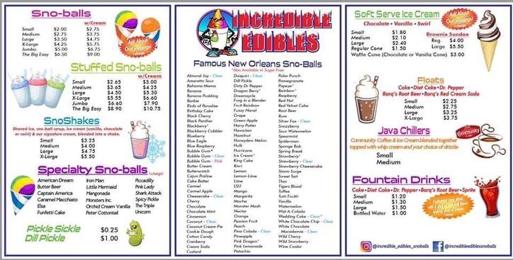 Menu at Incredible Edibles Sno-Balls desserts, Moss Bluff