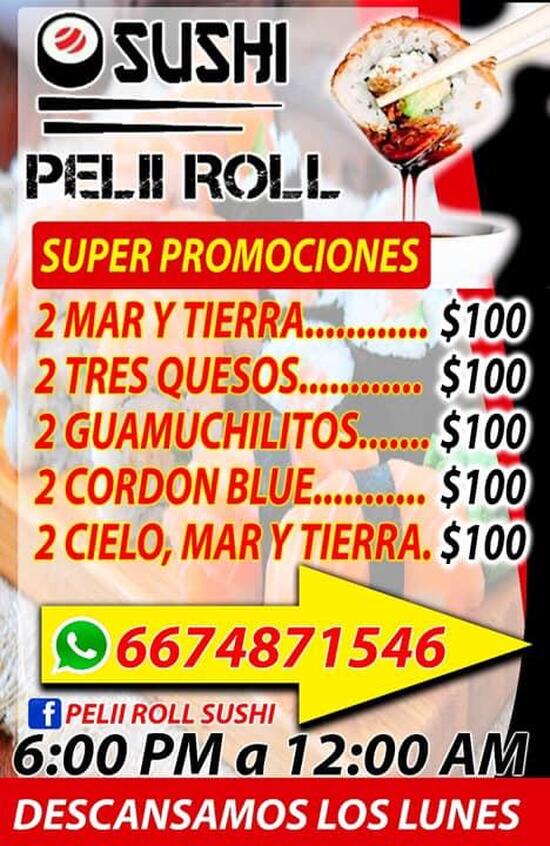 Menu at Peli roll sushi restaurant, Culiacán