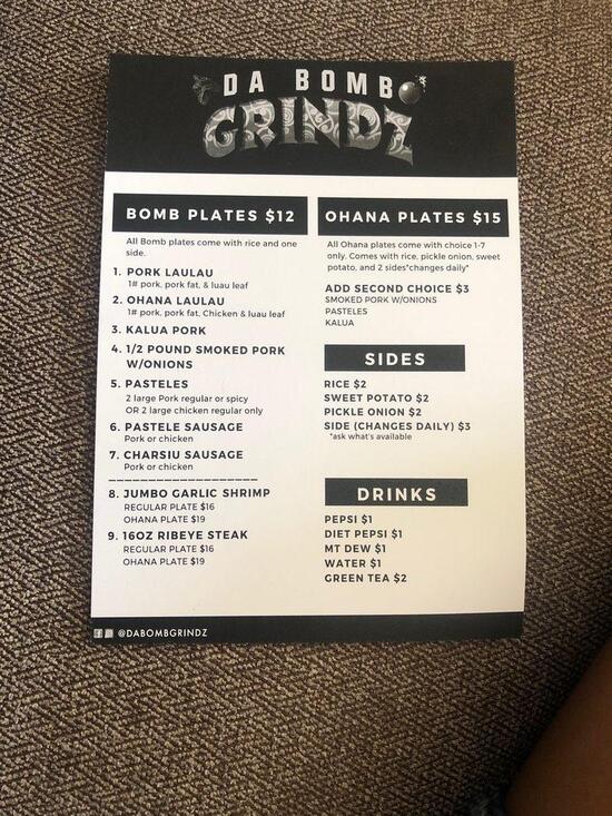 Menu at Da Bomb Grindz, Kailua-Kona