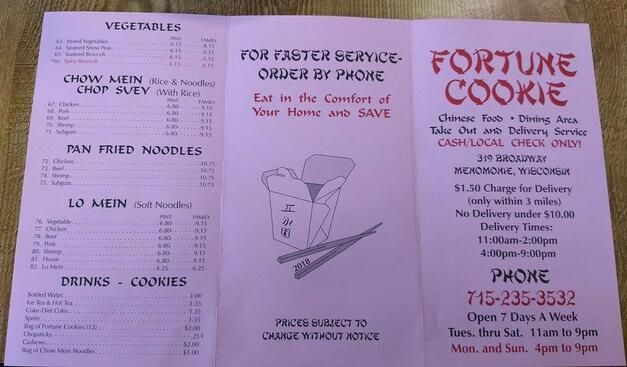 Menu at Fortune Cookie Restaurant, Menomonie
