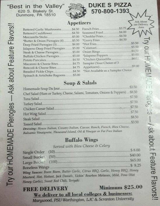 Menu at Duke's Pizza pizzeria, Dunmore