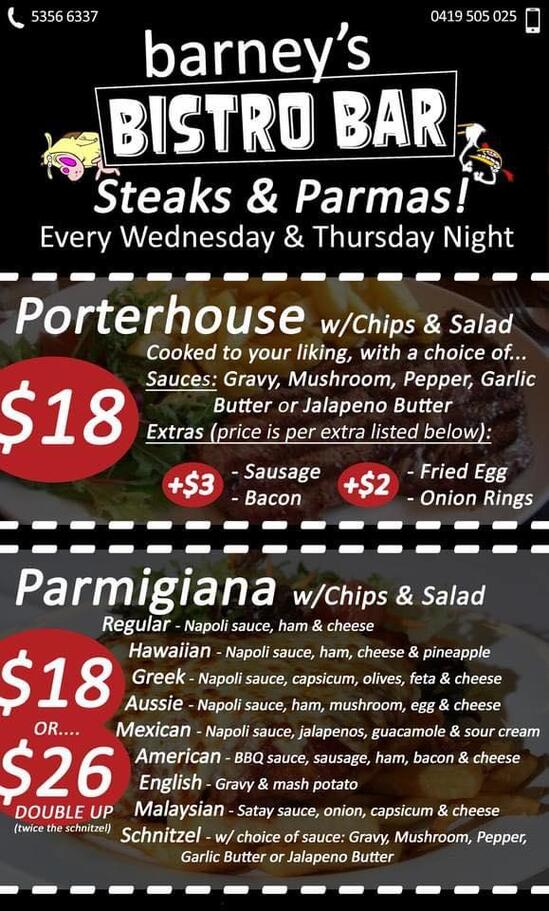 Menu at Barney's Bar & Bistro, Pomonal