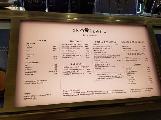 Menu at Snowflake Luxury Gelato, London, Westfield London Shopping ...