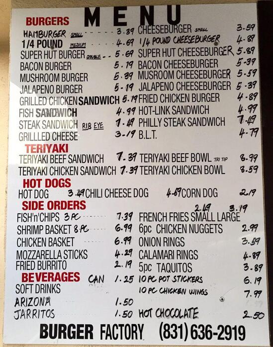 Menu at Burger Factory restaurant, Hollister