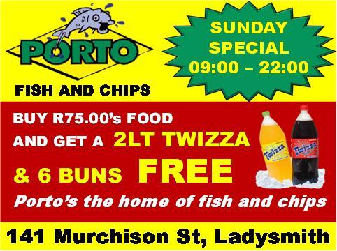 Menu at Porto's Fish & Chips restaurant, Ladysmith