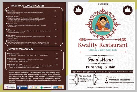 Menu at KWALITY RESTAURANT - Offering Quality With Taste, Sattal, Lake
