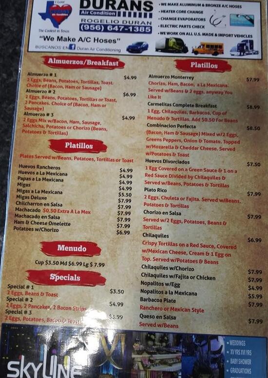 Menu at Carmelitas Restaurant, Edinburg