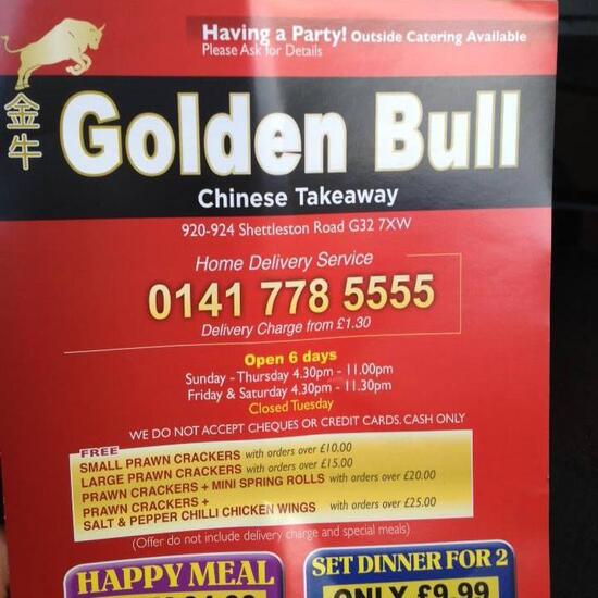 Menu at Goldenbull Chinese Takeaway restaurant, Glasgow