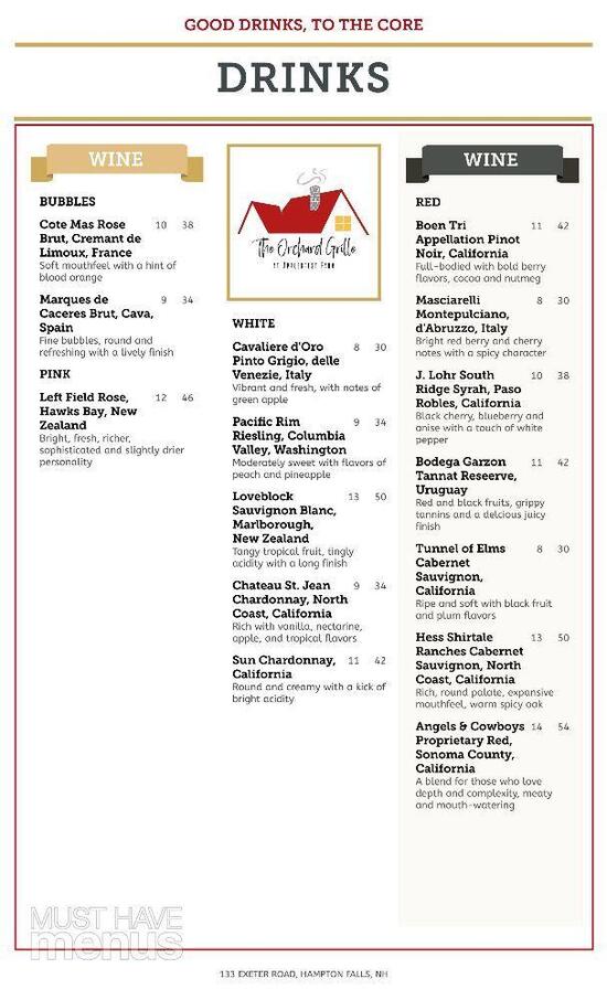 Menu at The Orchard Grille at Applecrest Farm restaurant, Hampton Falls