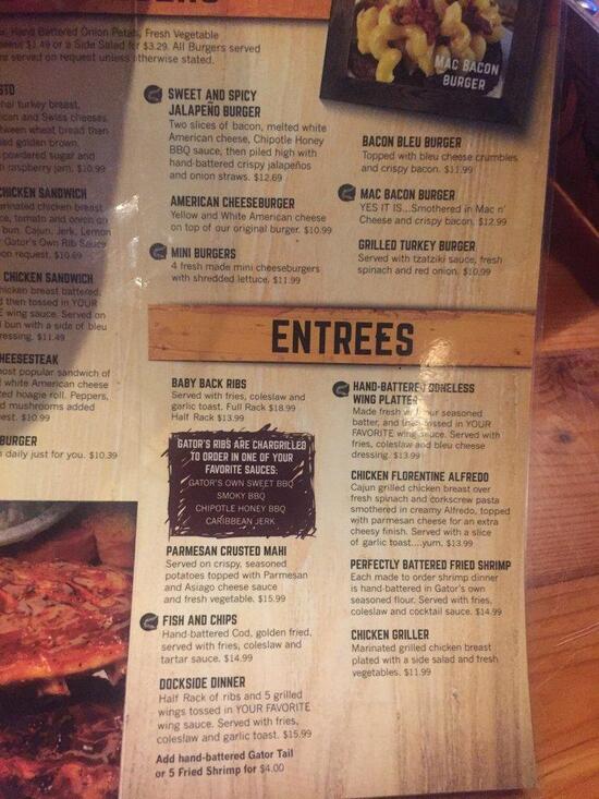 Menu at Gator's Dockside Eustis restaurant, Eustis