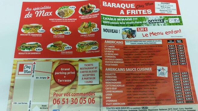 Menu at Chez Max fast food, Thibie