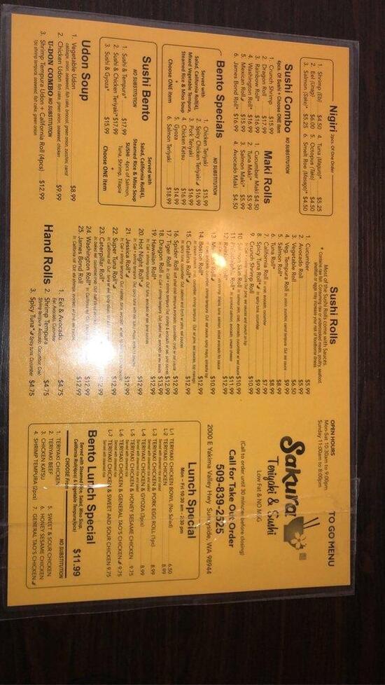 Menu at Sakura Teriyaki & Sushi restaurant, Sunnyside