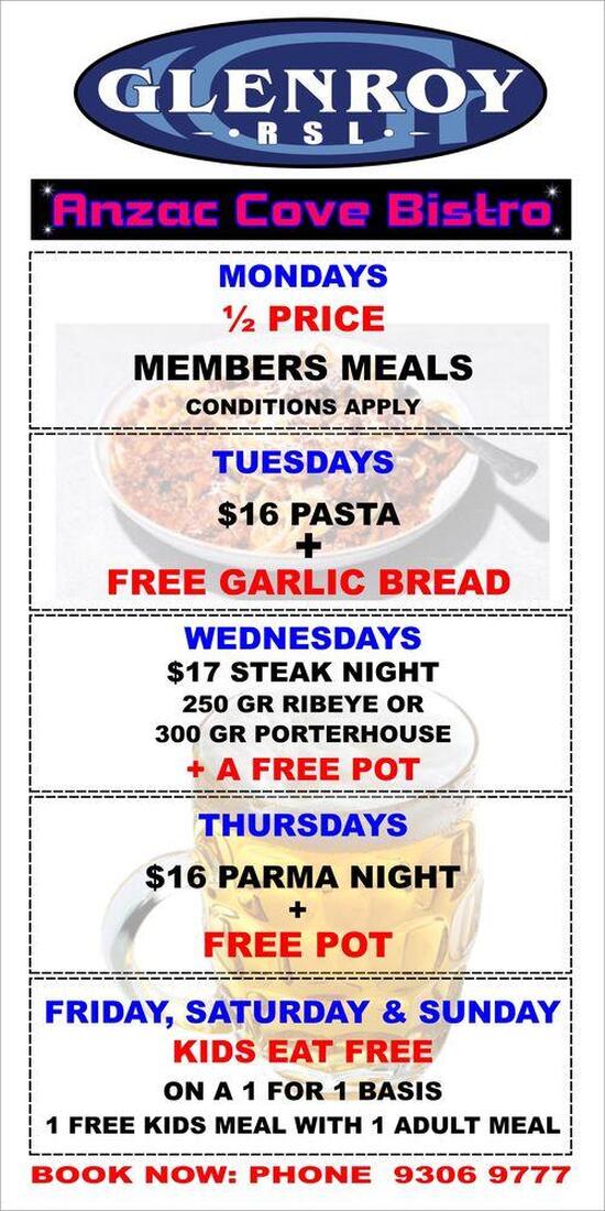 Menu at Glenroy RSL club, Glenroy
