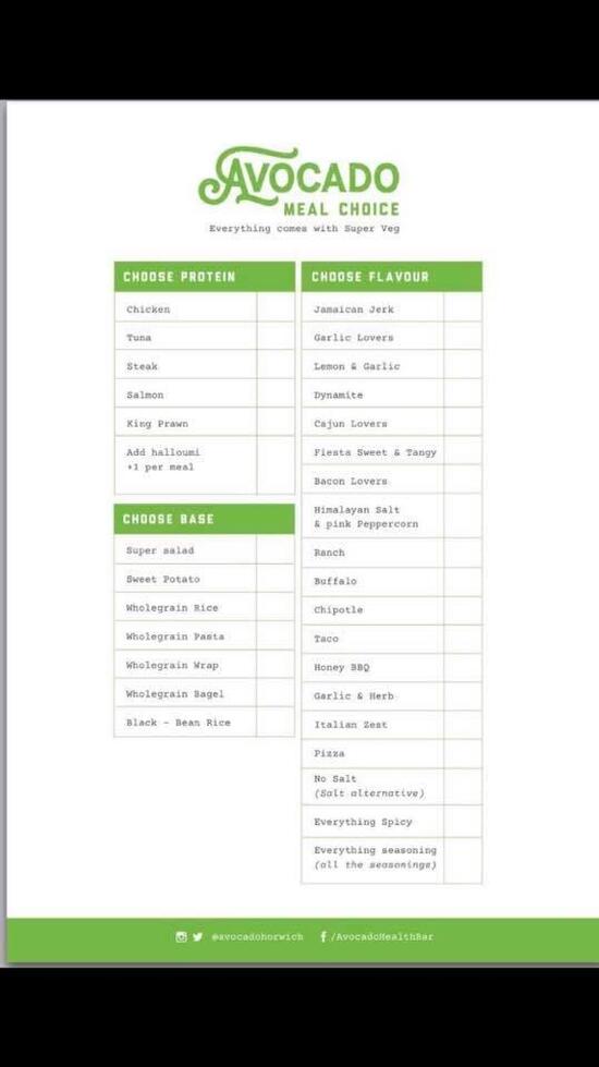 Menu at Avocado Health Bar, Horwich