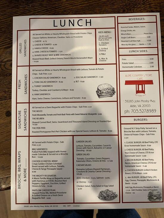 Menu at Aldie General Store & Cafe, Aldie