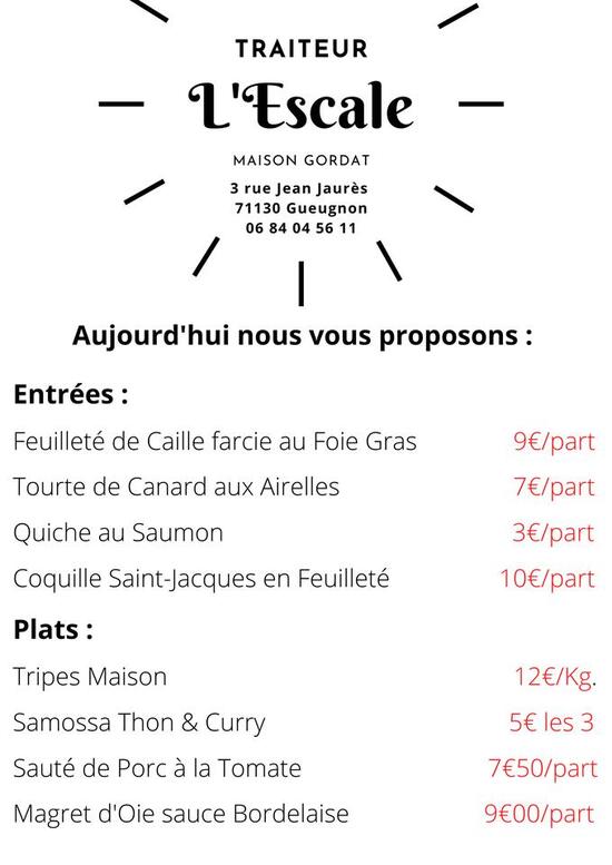 Menu au L'Escale restaurant, Digoin