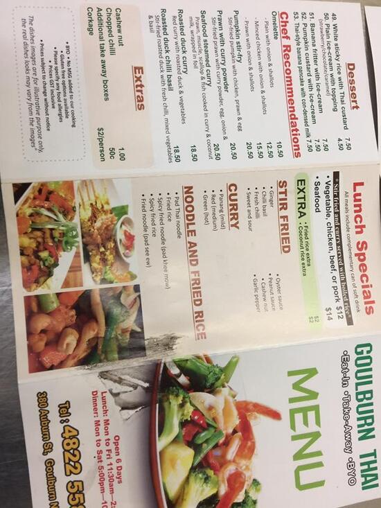 Menu at Goulburn Kebab restaurant, Goulburn