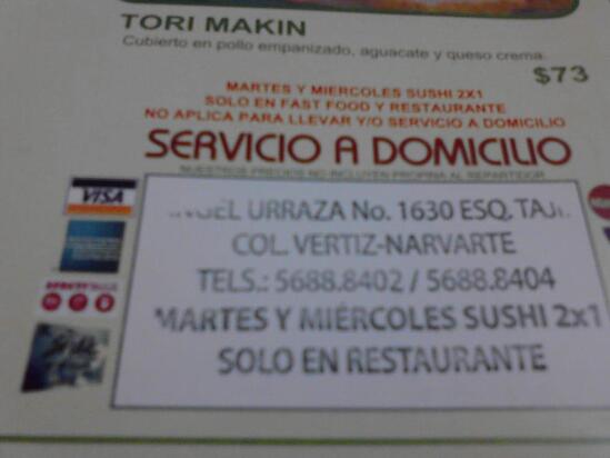 Menu at Sushi Makin restaurant, Mexico City, Angel Urraza 1630