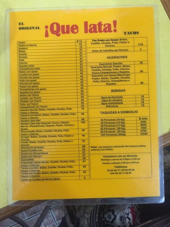 Menu at El original ¡Que Lata!, Naucalpan