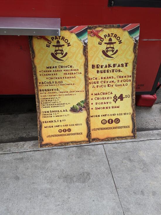 Menu at El Patrón Authentic Mexican Food Truck restaurant, San Diego