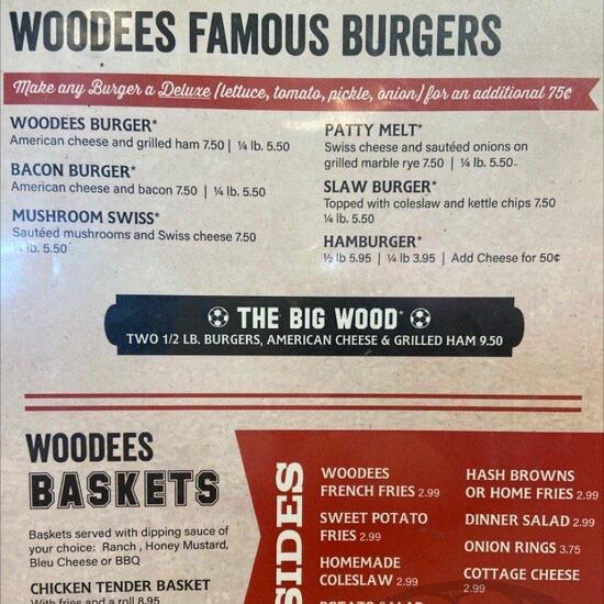 Menu at Woodees restaurant, Lincoln, 201 Capitol Beach Blvd