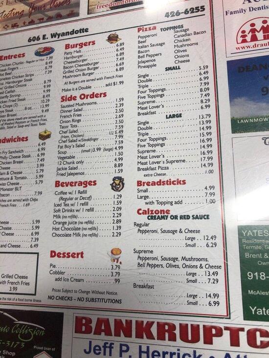 Menu at Fat Boys Cafe, McAlester