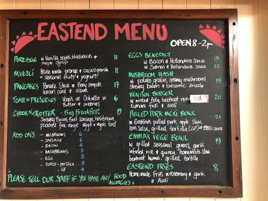 Menu at Eastend Cafe & Bar, Wairoa